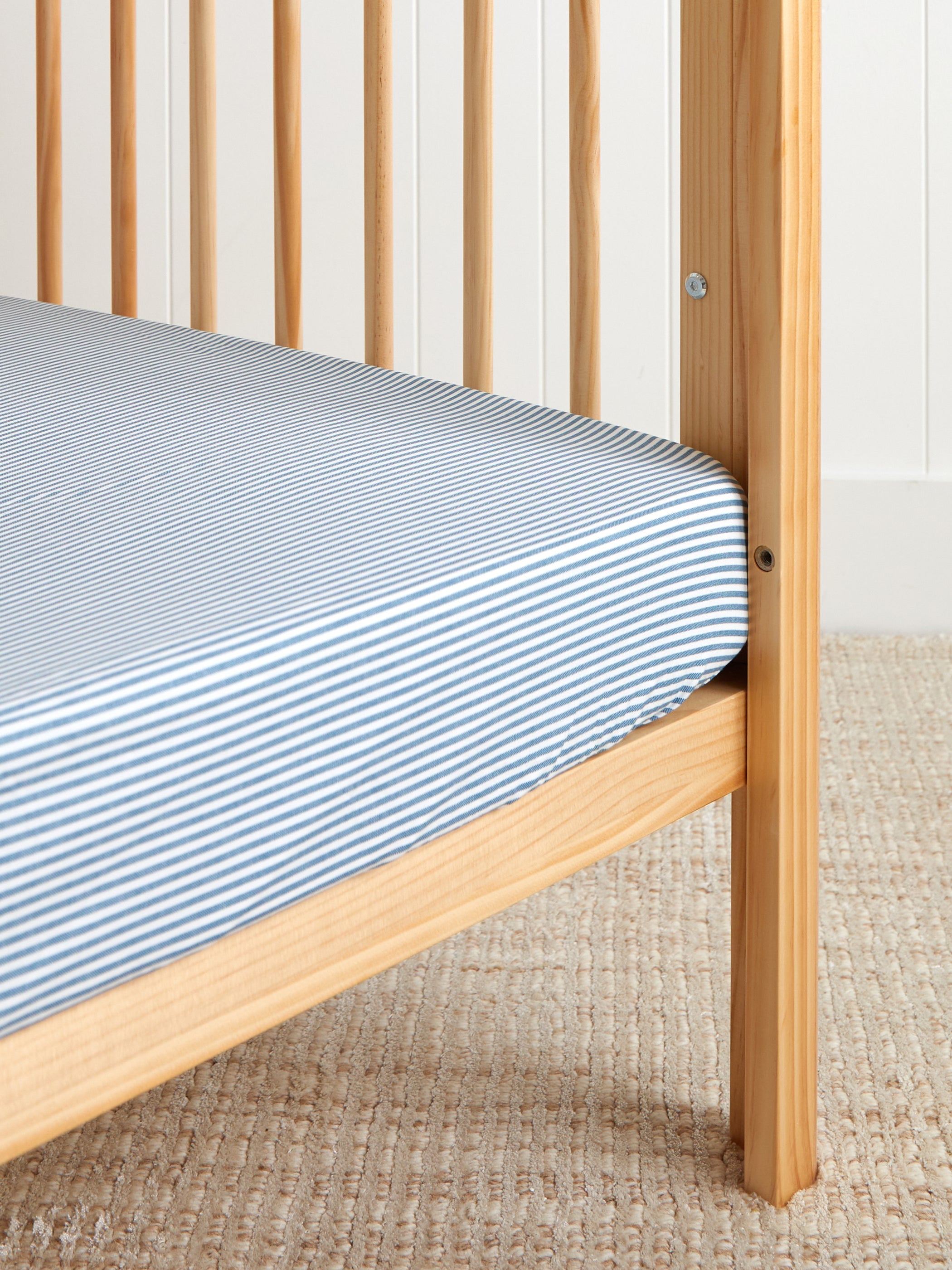 Purity Organic Cotton Fitted Cot Sheet in Blue Stripe | Wallace Cotton